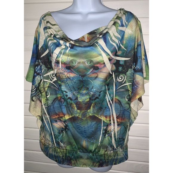 ONE WORLD | Tops | One World Sz Medium Blue Green Draped Neck Tunic Top ...